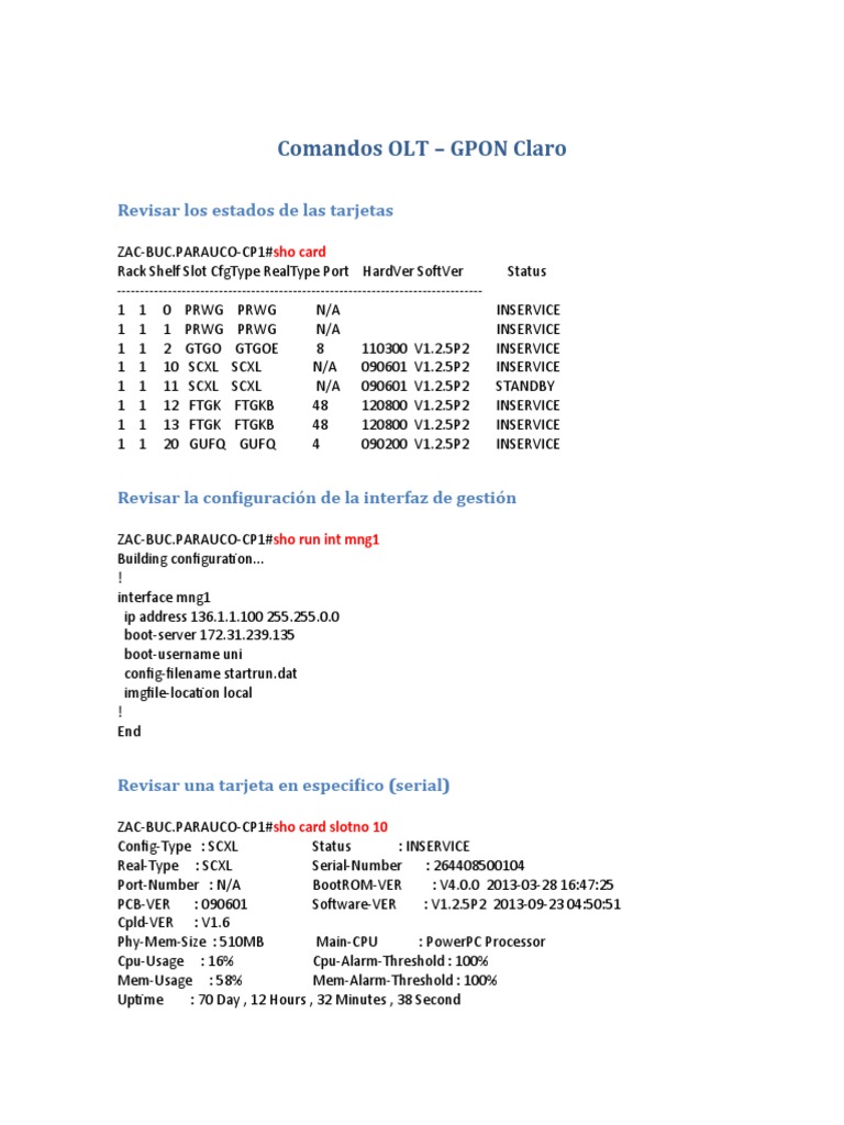 Comandos OLT c300 | PDF | Computer Standards | Computer Networking