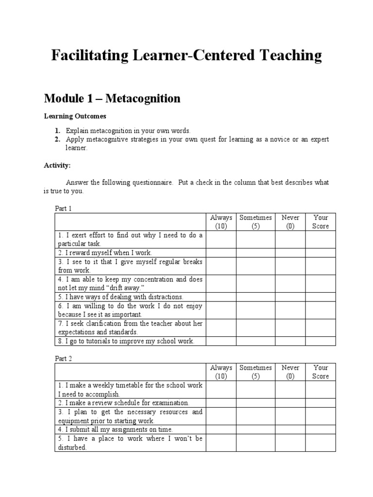 Module 1 Facilitating Learner Centered Teaching | PDF | Metacognition ...