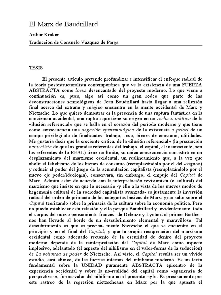 Baudrillard: Marx y Nietzsche en Modernidad | PDF | Friedrich Nietzsche ...