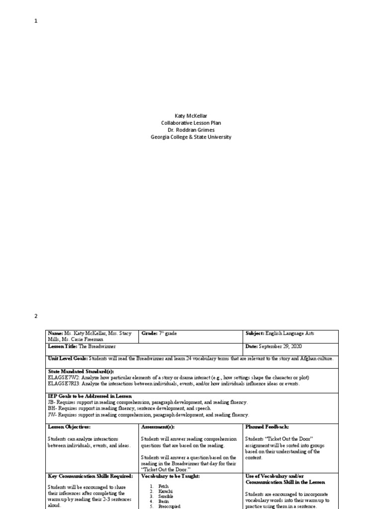 Collaborative Lesson Plan | PDF | Reading Comprehension | Teachers