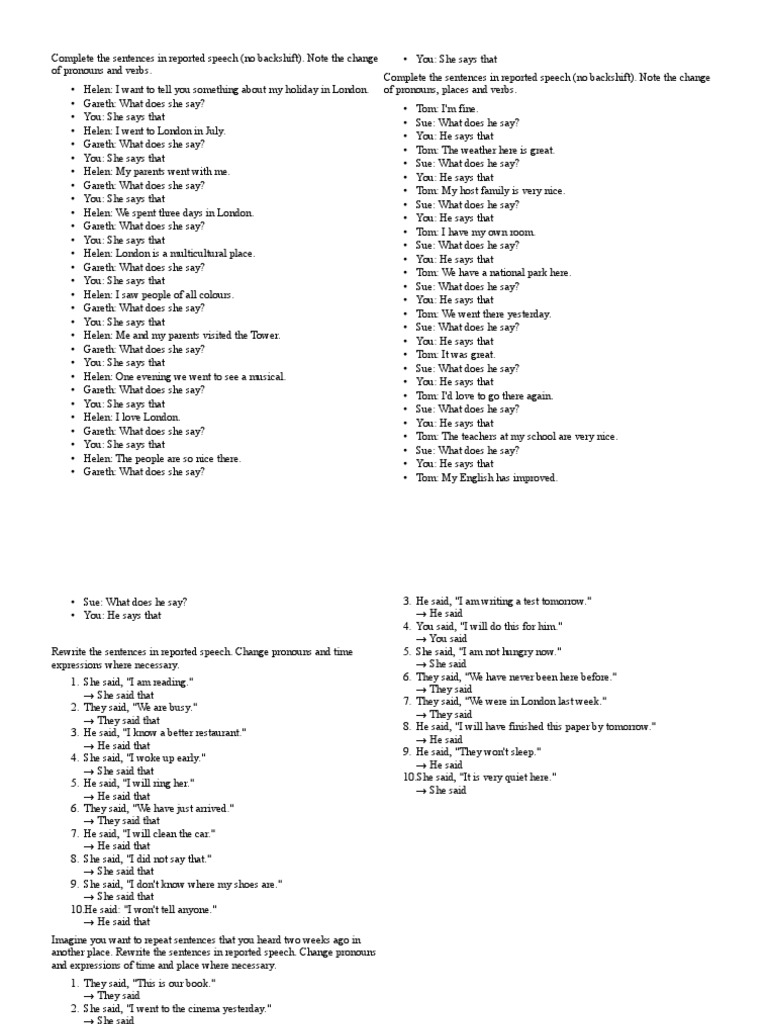 REPORTED SPEECH Statements TEST + Key | PDF | Semiotics | Syntax