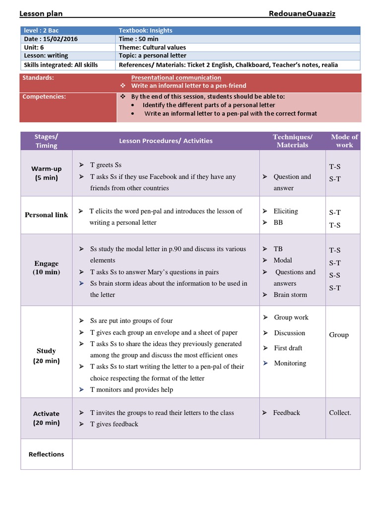 2 Bac Cultural Values Writing A Personal Letter | PDF | Pedagogy | Behavior Modification