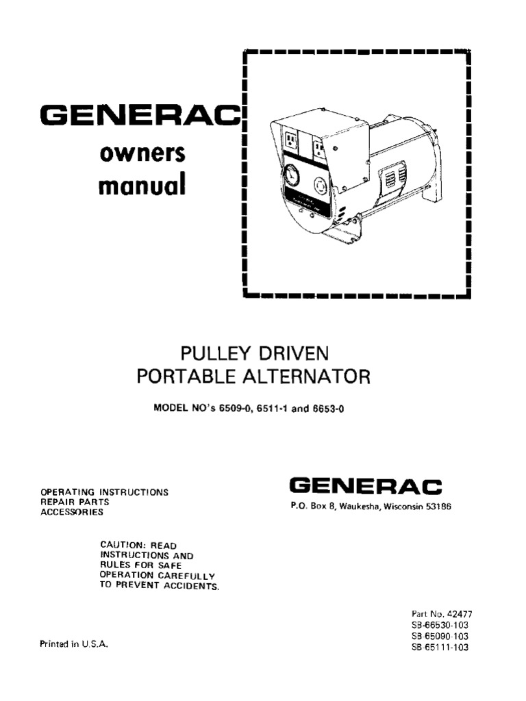 Wheel Horse Pulley Driven Generac Portable Generator Owners Manual ...