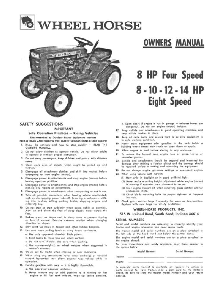 WheelHorse 1973 8-10-12-14 8-Speed Owners Manual | PDF | Vehicle Technology | Vehicles