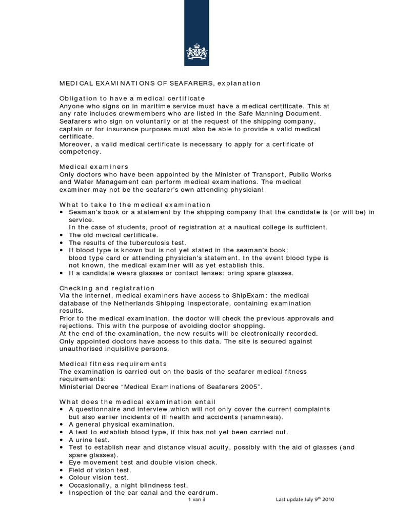 Medical Examinations of Seafarers, Explanation | PDF | Physical ...