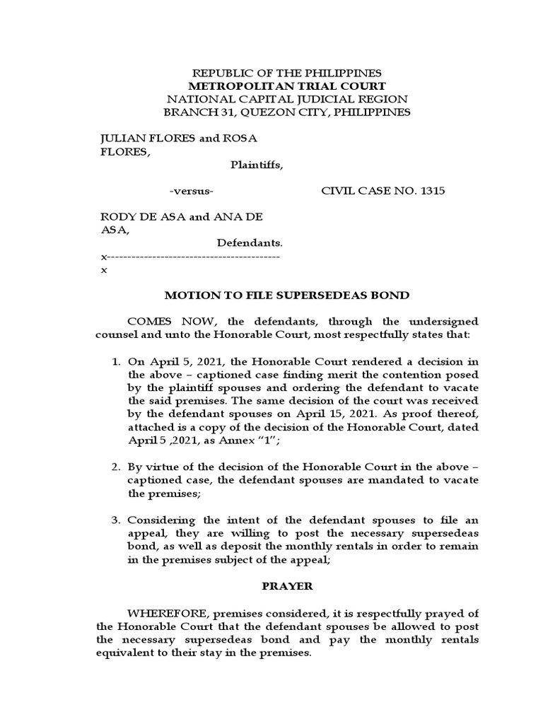 #10 - Dimaano Jonathan Paolo R. - Motion Supersedeas Bond | PDF ...