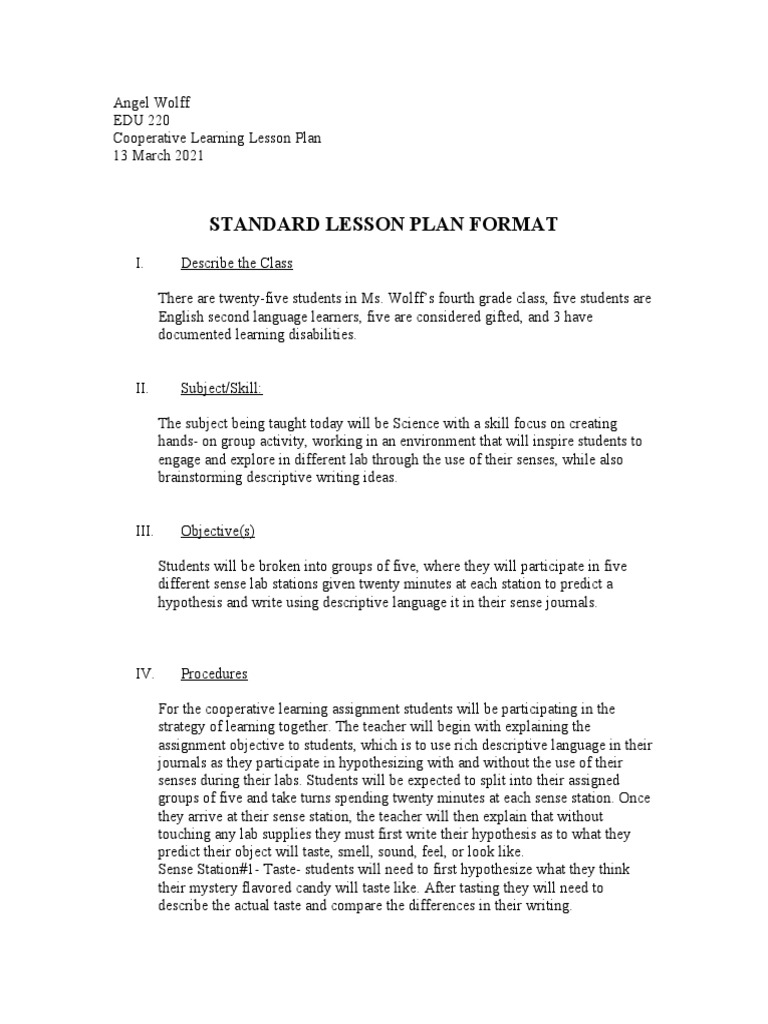 Edu 220 - Cooperative Learning - Wolff | PDF | Senses | Lesson Plan