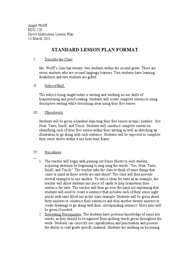 Edu 220 - Direct Instruction Lesson Plan-Wolff | PDF | Lesson Plan ...