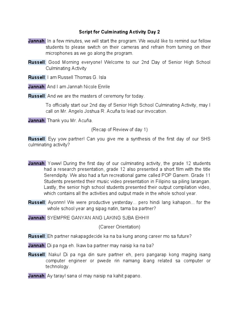 Script For Culminating Activity Day 2 EDITED | PDF | Orthopedic Surgery ...