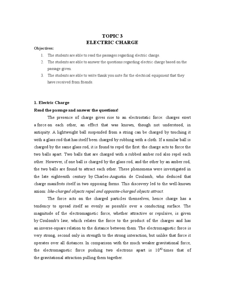 Topic 3 Electric Charge: 1. Electric Charge Read The Passage and Answer ...