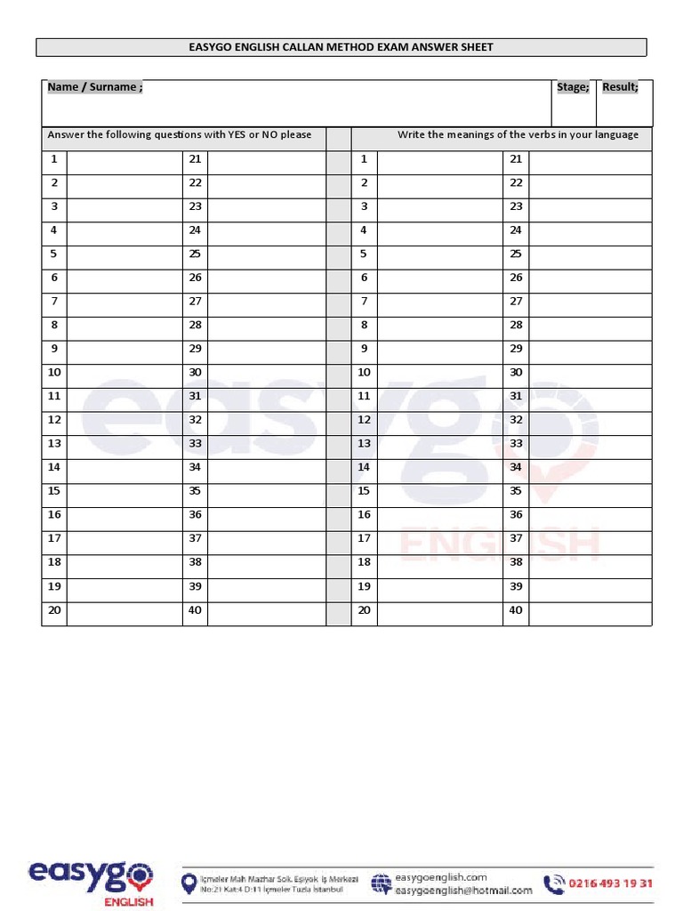 Easygo English Callan Method Exam Answer Sheet | PDF | Linguistics