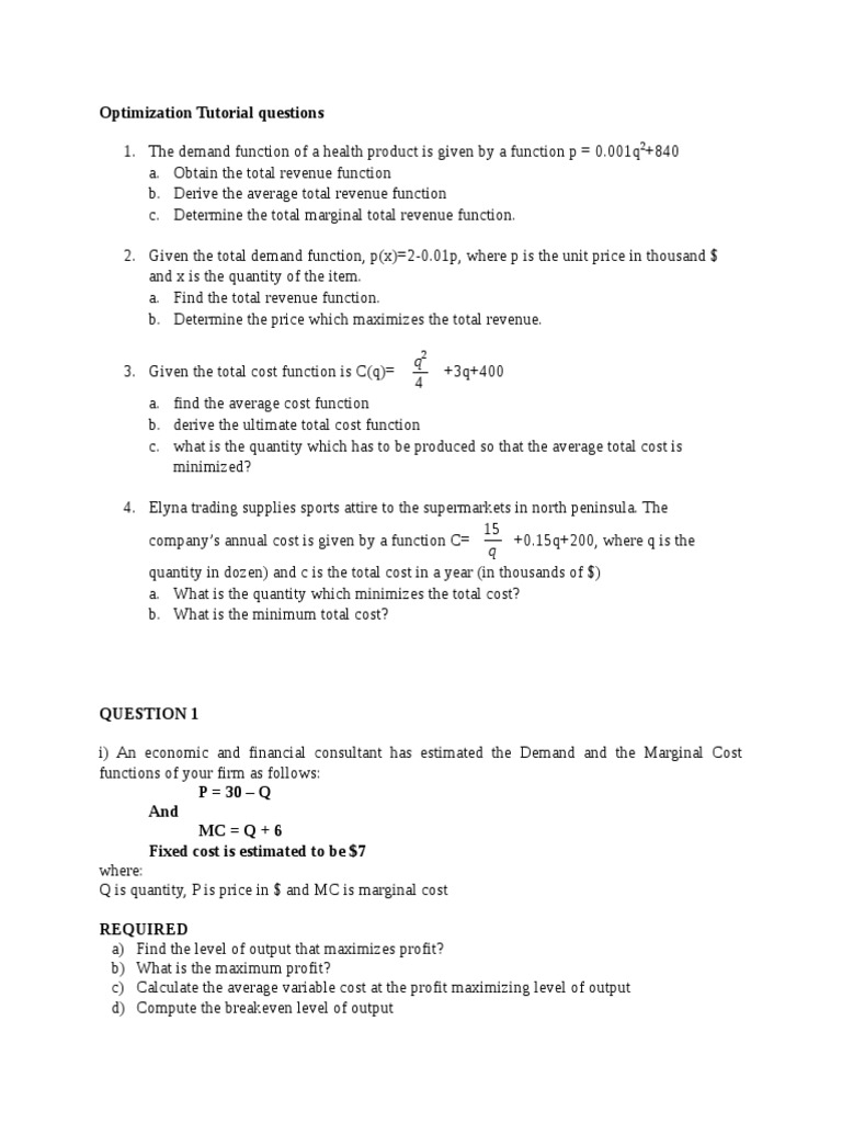 Optimization Tutorial Questions | PDF | Demand | Profit (Economics)