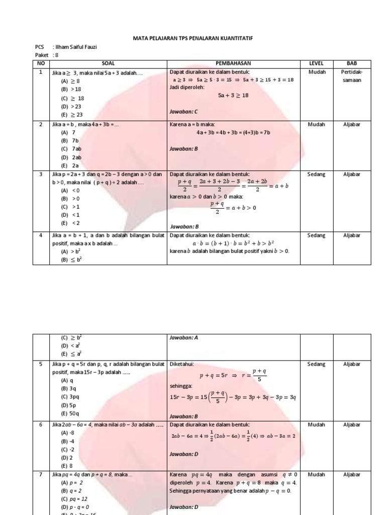 TPS Paket 8 Penalaran Kuantitatif | PDF | Metode & Bahan Ajar