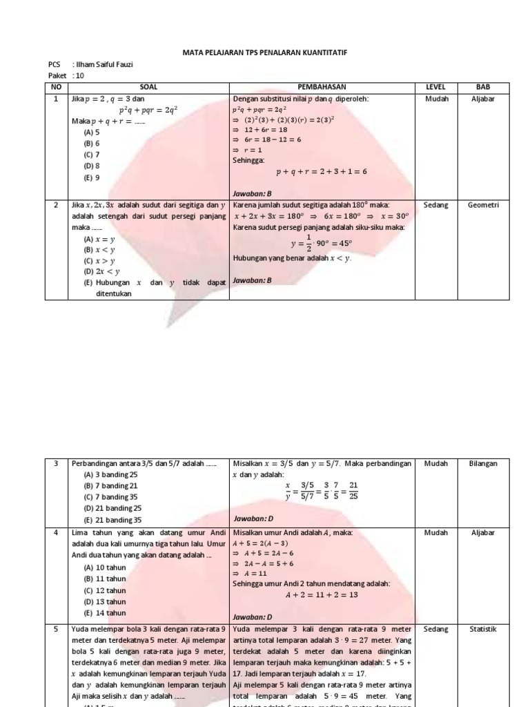 TPS Paket 10 Penalaran Kuantitatif | PDF | Metode & Bahan Ajar