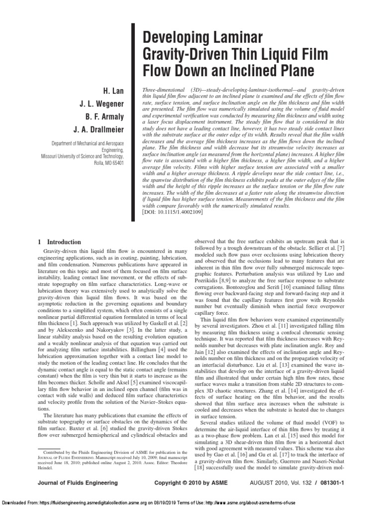 Developing Laminar Gravity-Driven Thin Liquid Film Flow Down An Inclined Plane | PDF | Fluid ...