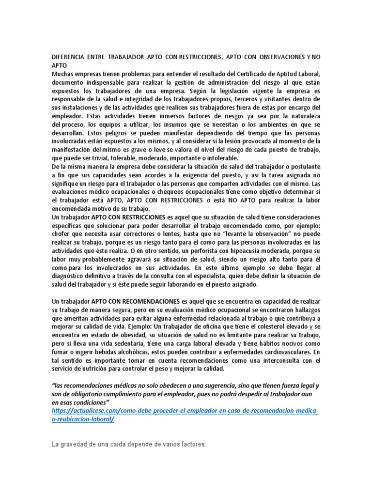 Diferencia Entre Trabajador Apto Con | PDF | Especialidades Medicas | Labor