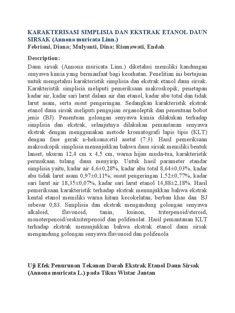 Karakterisasi Simplisia Dan Ekstrak Etanol Daun Sirsak | PDF | Sains & Matematika | Kesehatan ...