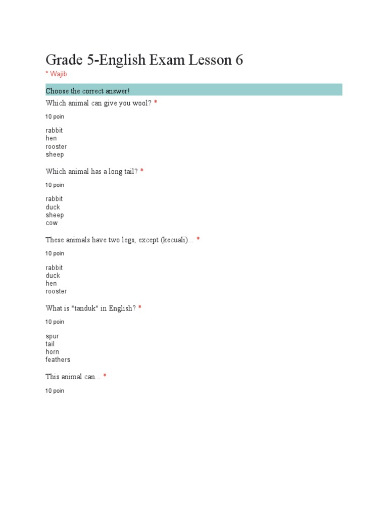 Grade 5-English Exam Lesson 6: Choose The Correct Answer! | PDF