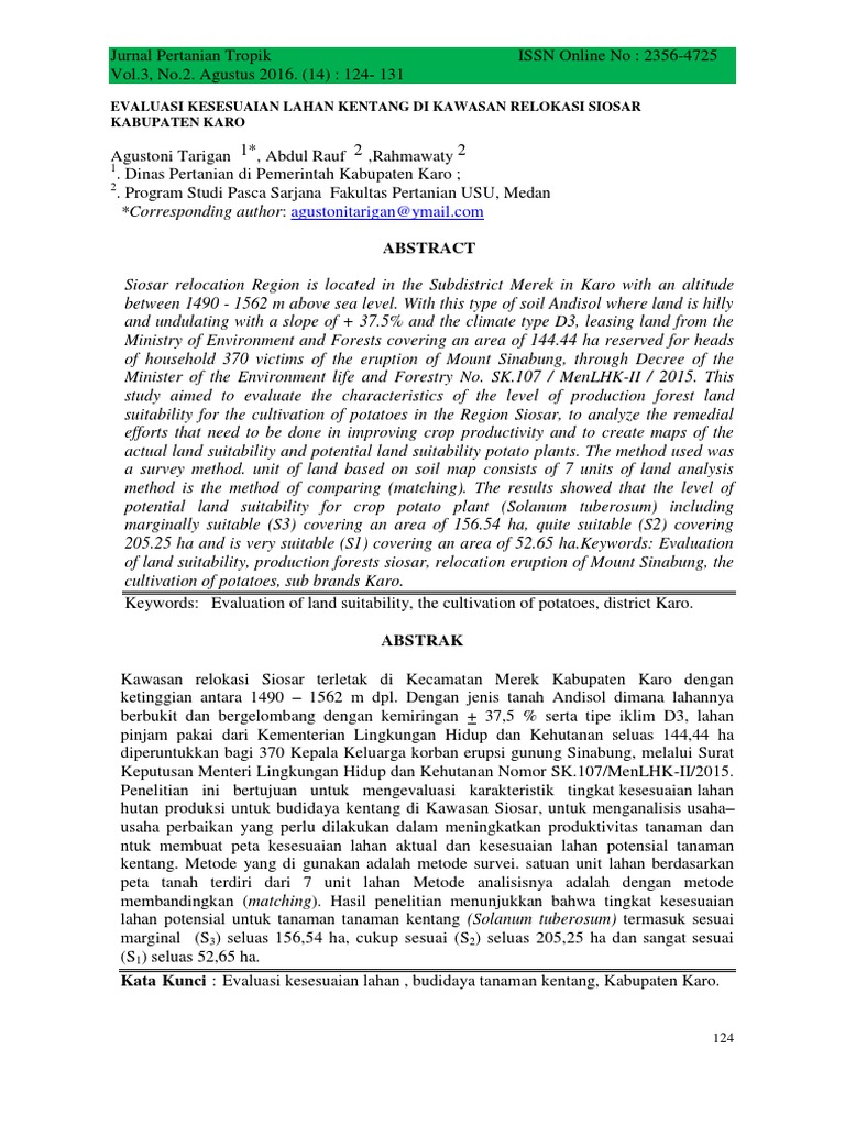 Evaluasi Kesesuaian Lahan Kentang Di Kawasan Relokasi Siosar Kabupaten Karo | PDF | Agronomy ...