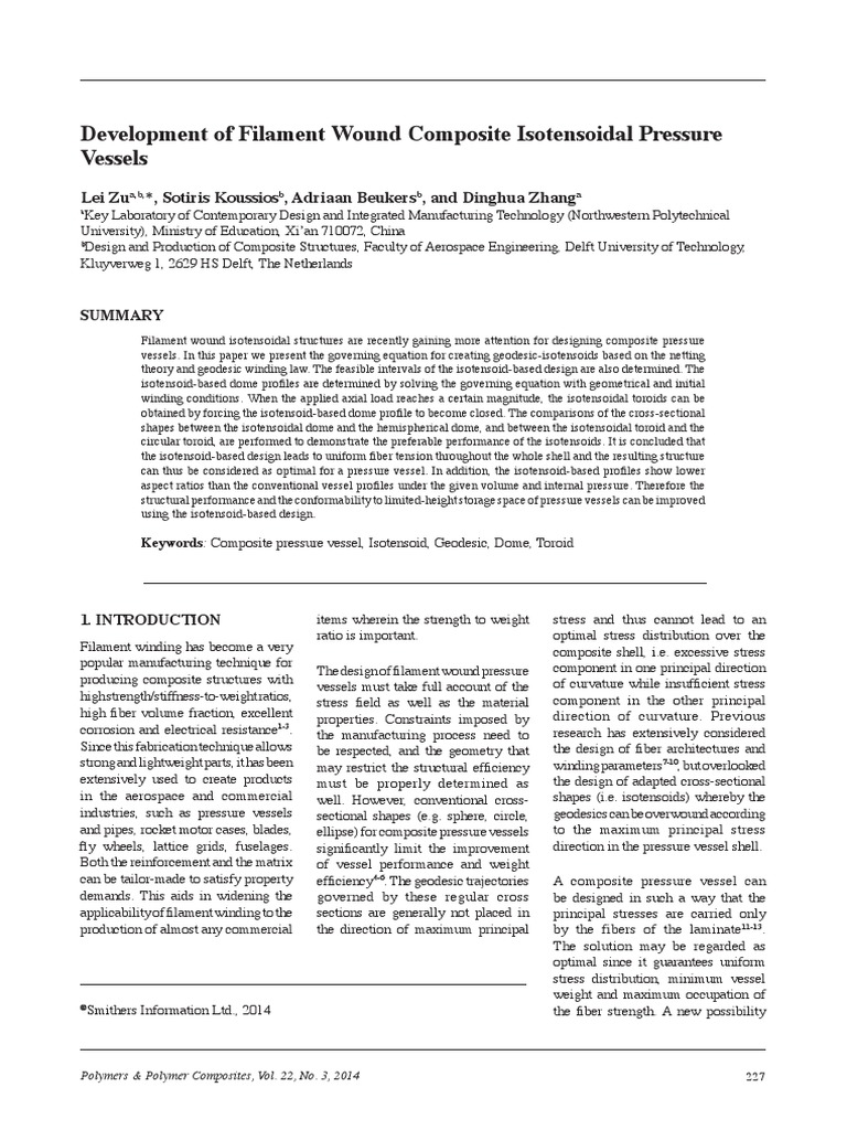 Development of Filament Wound Composite Isotensoidal Pressure Vessels ...