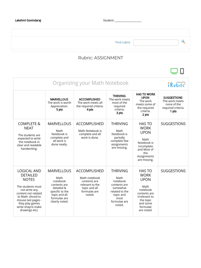 Organizing Your Math Notebook: Rubric: ASSIGNMENT | Download Free PDF ...