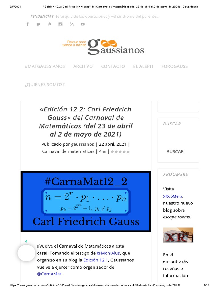 Edición 12.2 - Carl Friedrich Gauss - Del Carnaval de Matemáticas (Del ...