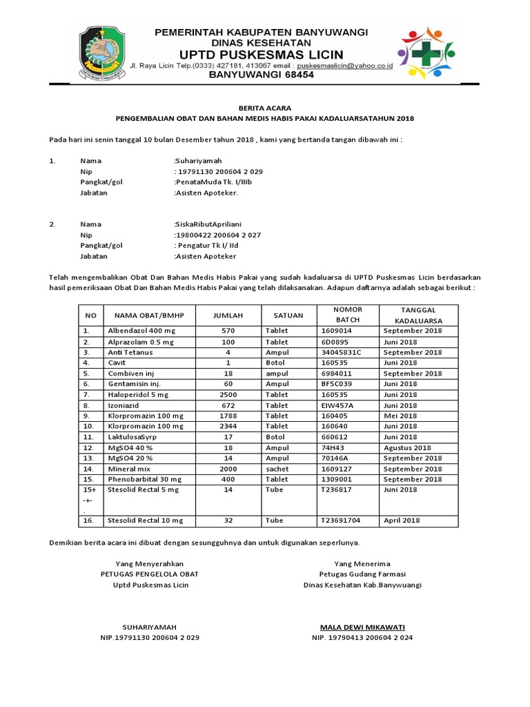Contoh BA Serah Terima Obat Dan BMHP Ed DG Nomor Batch | PDF
