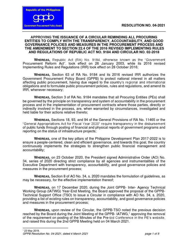 GPPB Resolution on Procurement Transparency | PDF | Governance ...