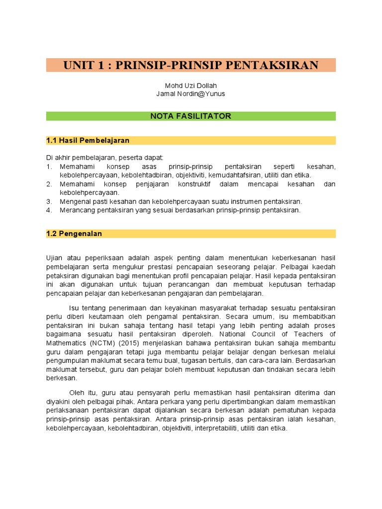 UNIT 1 Prinsip Pentaksiran | PDF