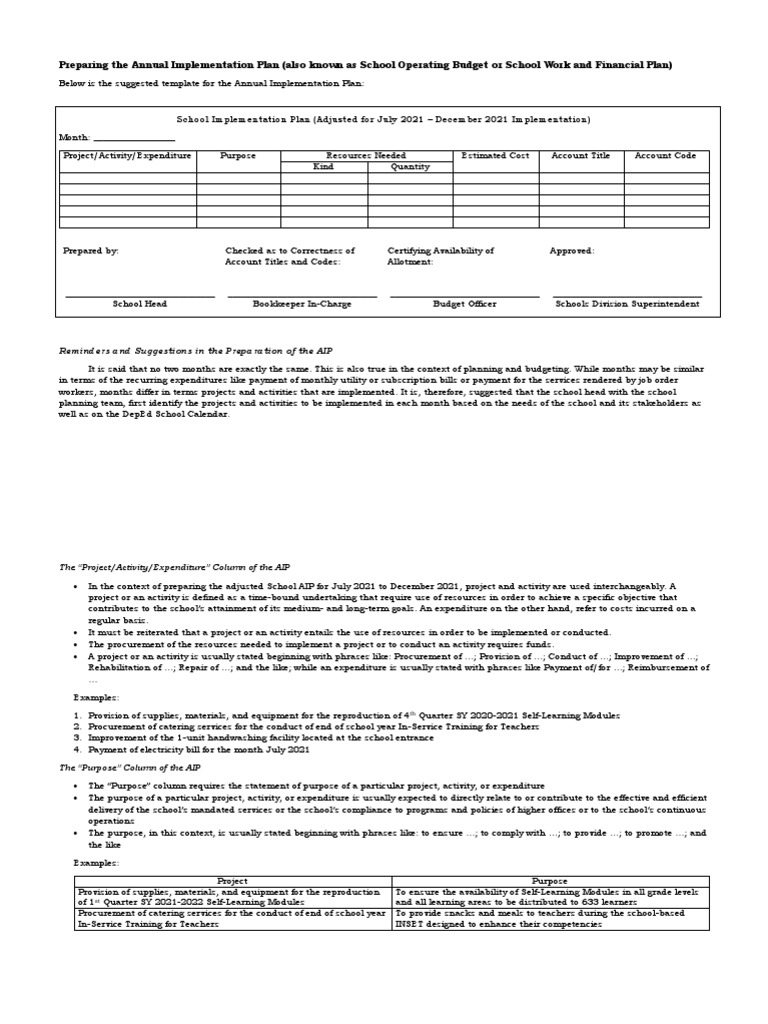 Annual Implementation Plan Template | PDF | Procurement | Bookkeeping