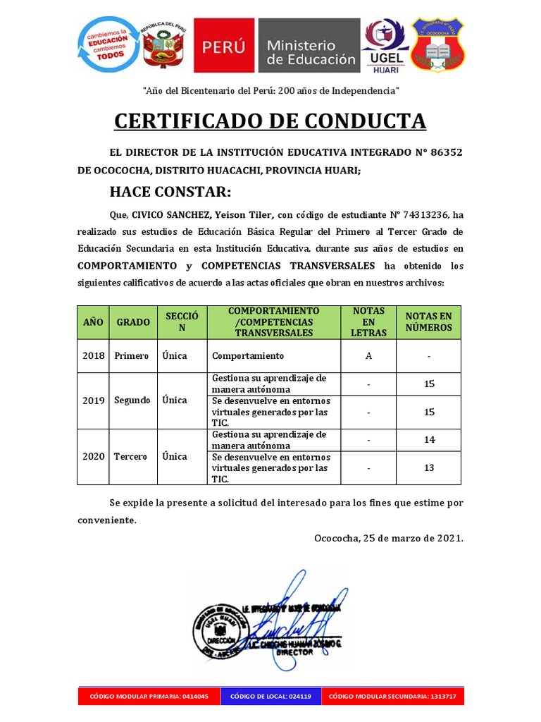 Certificado de Buena Conducta 2021 | PDF