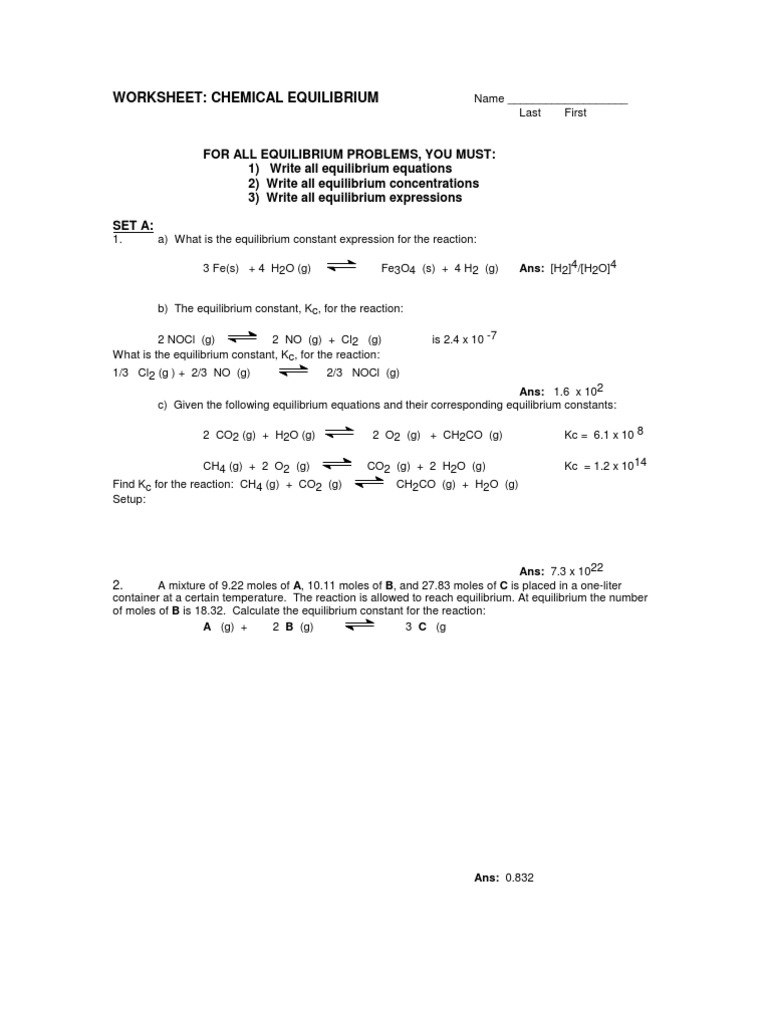 Equilibrium Constant Calculations Worksheet | PDF | Chemical ...