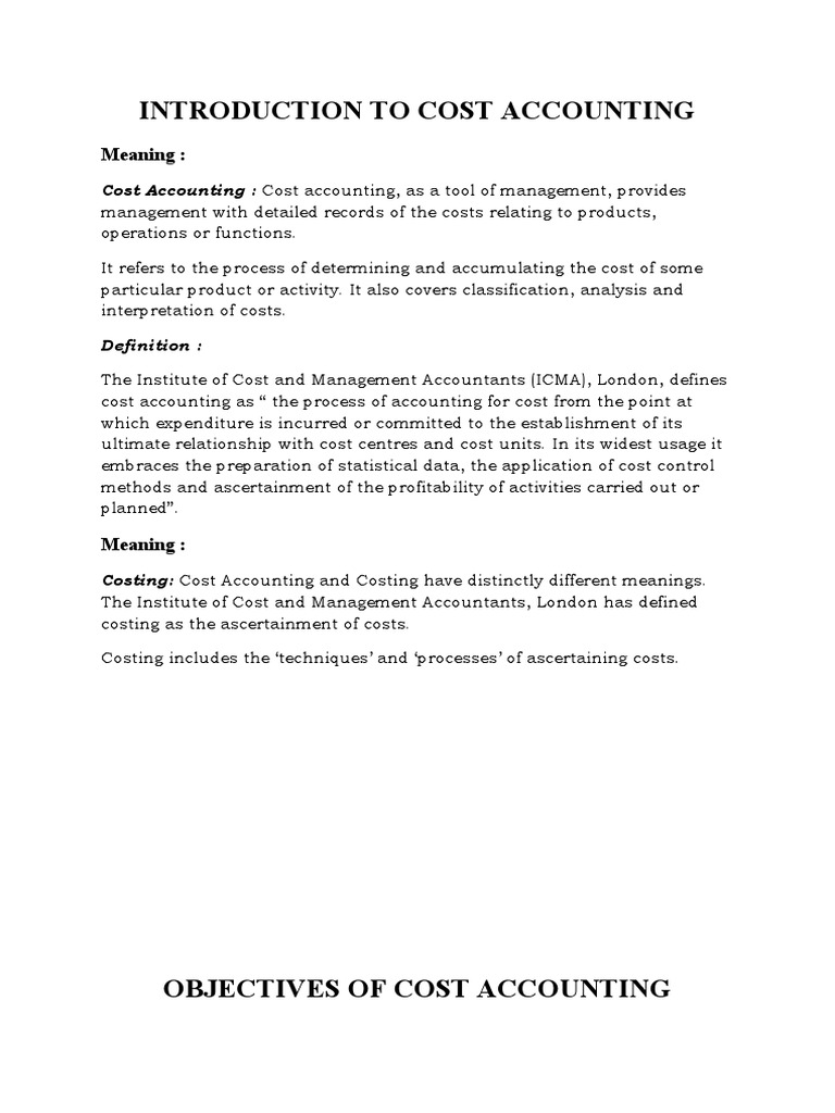 Introduction To Cost Accounting: Meaning | PDF | Cost Accounting | Cost