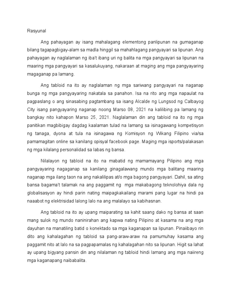 Rasyunal para Sa Tabloid | PDF