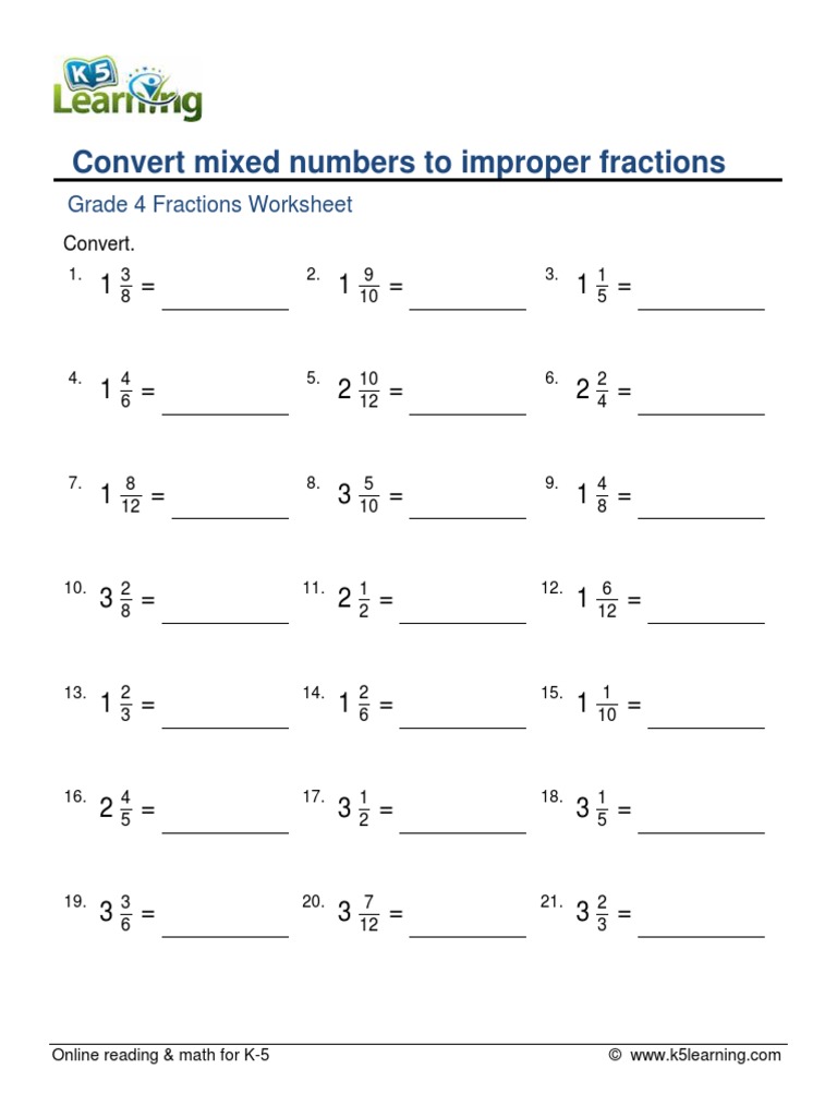 Grade 4 Mixed Numbers To Improper Fractions B | PDF | Lexicology | Algebra