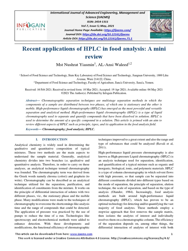 Recent Applications of HPLC in Food Analysis: A Mini Review | PDF ...