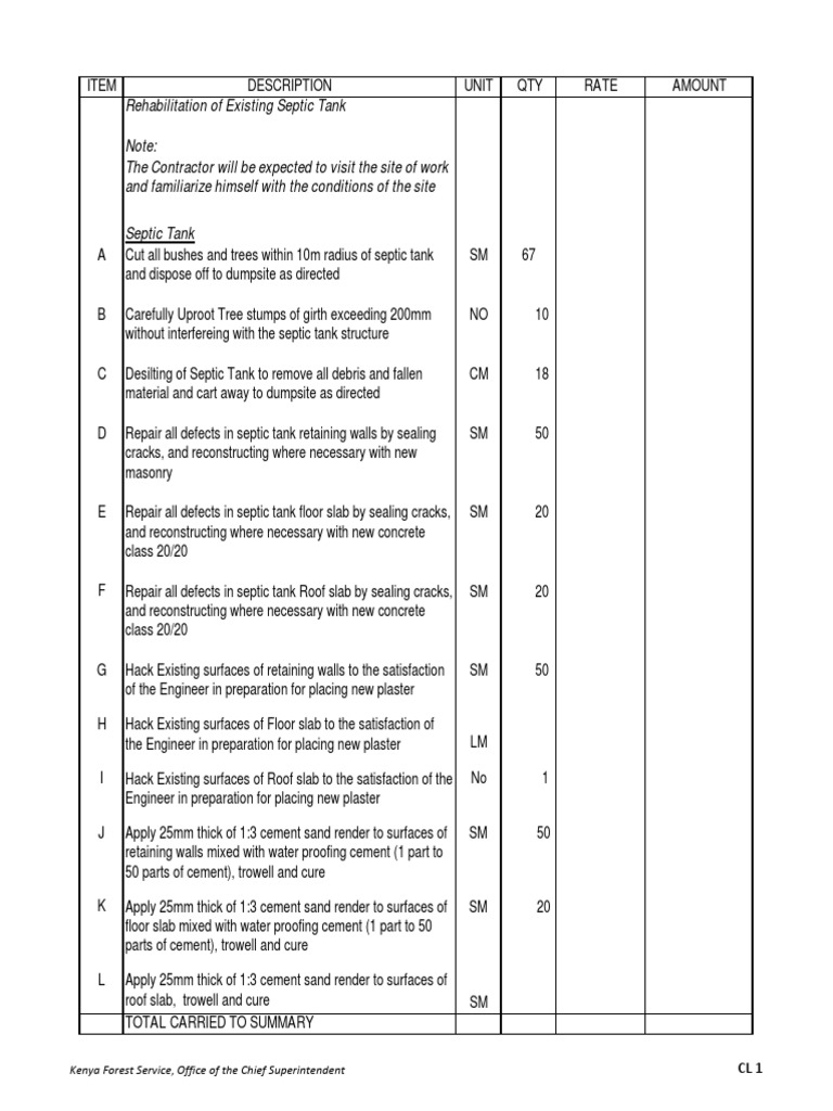 Bills of Quantities For Rehabilitation of Existing Septic Tank | PDF ...