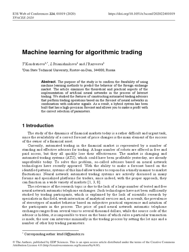 Machine Learning For Algorithmic Trading: T Kondratieva | PDF ...