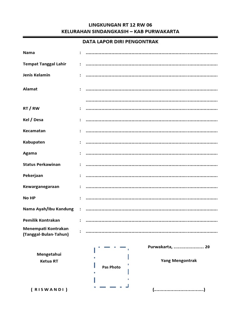 Form Data Lapor Diri Pengontrak | PDF