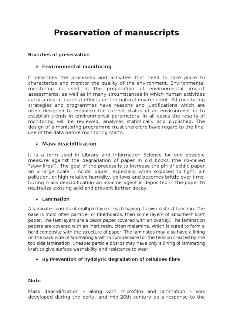 Preservation of Manuscripts Covering | PDF | Environmental Monitoring ...