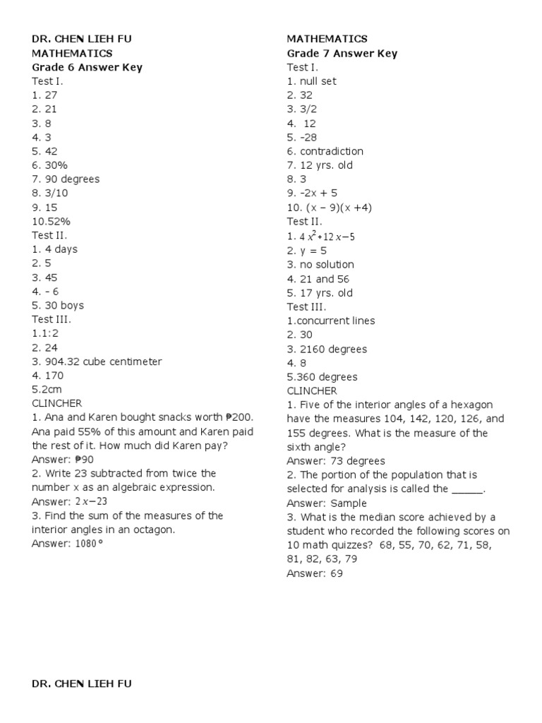 Dr. Chen Lieh Fu Mathematics Grade 6 Answer Key Mathematics Grade 7 ...