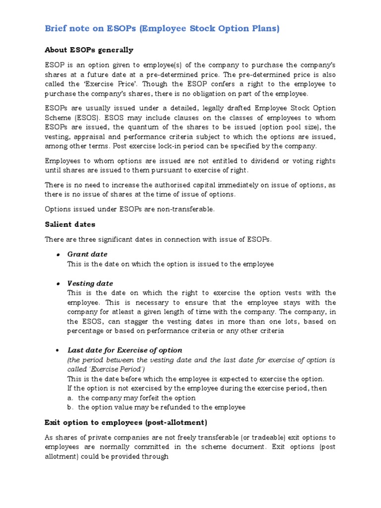 Brief Note On Esops (Employee Stock Option Plans) | PDF | Vesting ...