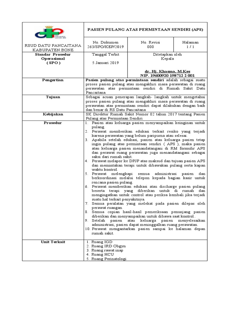 Prosedur Pasien Pulang Atas Permintaan Sendiri Di Rumah Sakit Datu