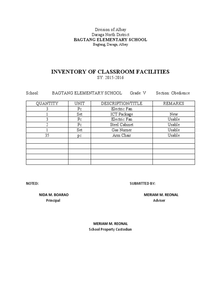 Sample Inventory of Classroom Facilities | PDF