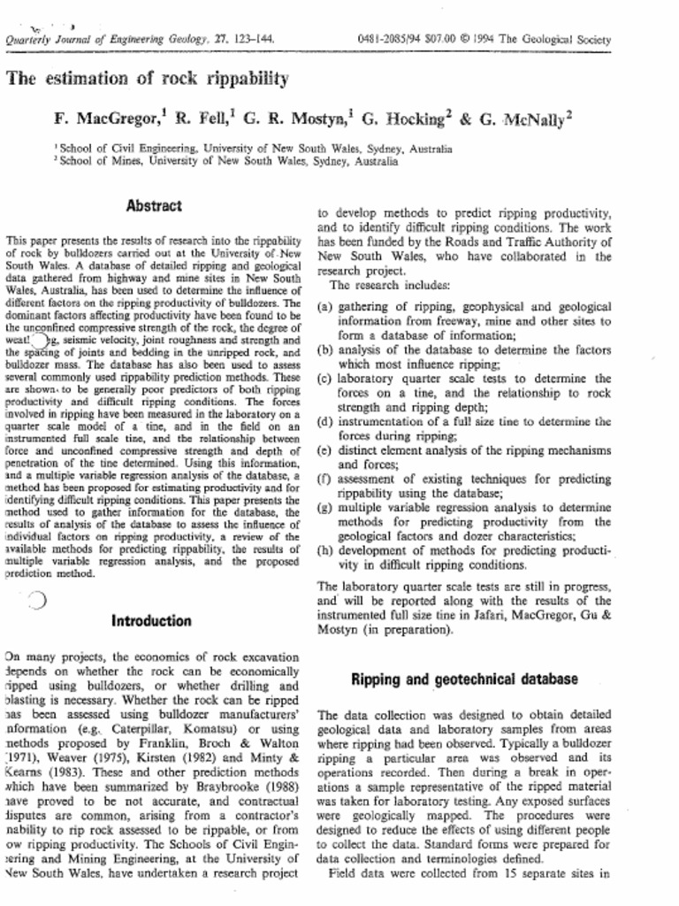 MACGREGOR Et Al - The Estimation of Rock Rippability | PDF