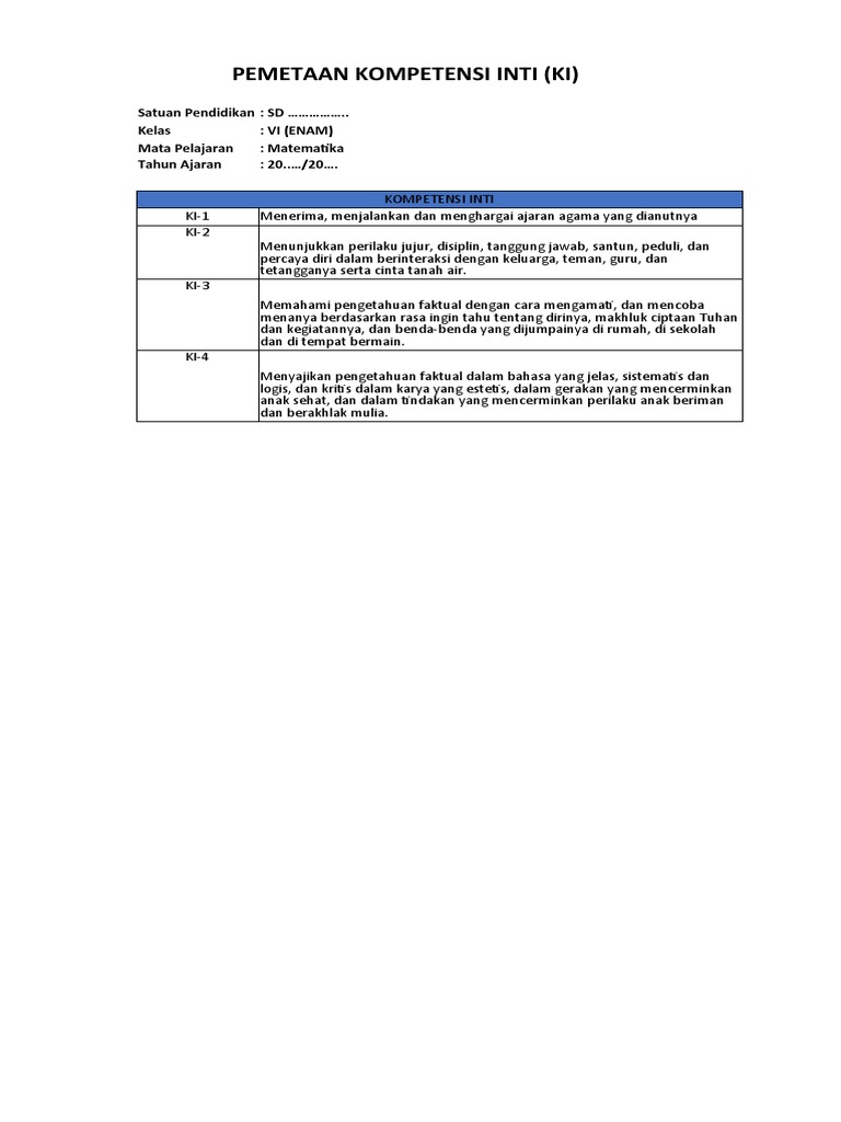 Pemetaan KD Matematika Kelas 6 Kurikulum 2013 Revisi | PDF