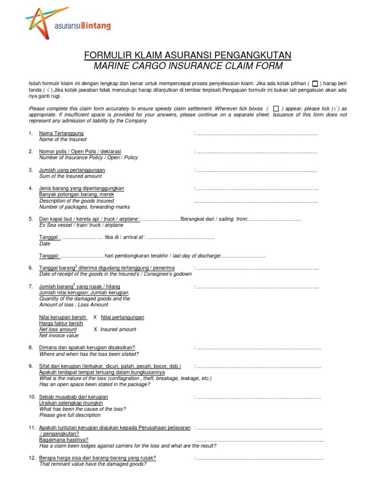 Form Klaim Marine Cargo | PDF