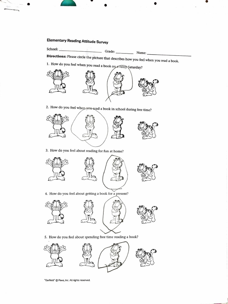 Elementary Reading Attitude Survey: "Garfield"© Paws, Inc. All Rights ...