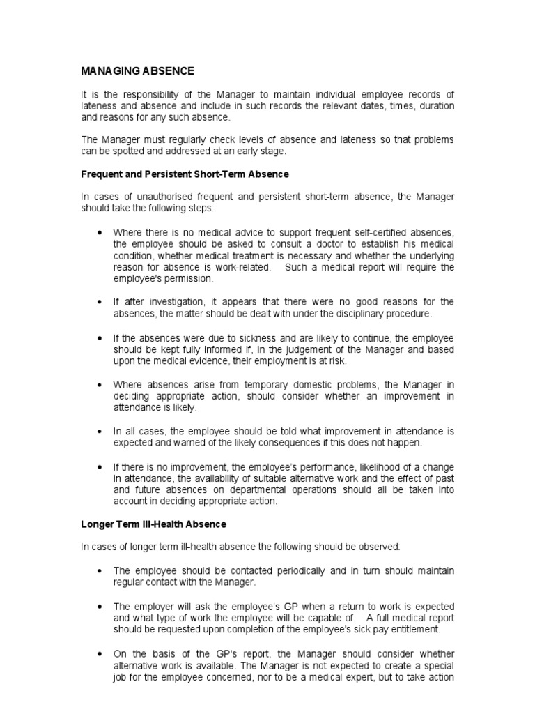 Managing Absence: Frequent and Persistent Short-Term Absence | PDF ...