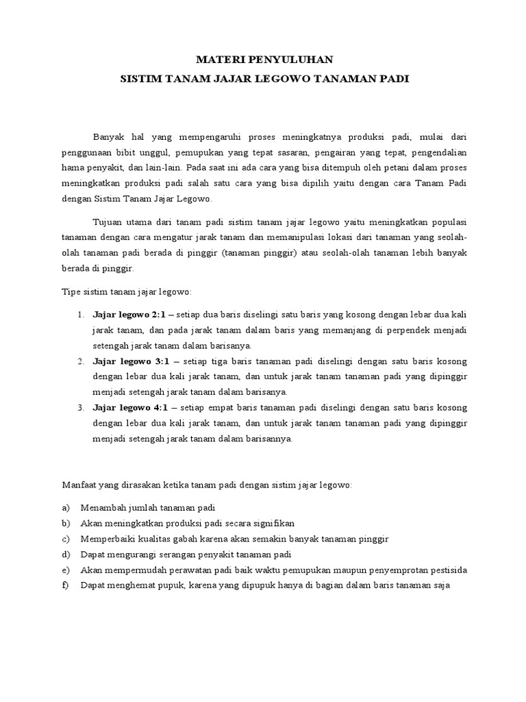 Teknik Jajar Legowo untuk Padi | PDF | Griya & Taman | Teknologi & Rekayasa
